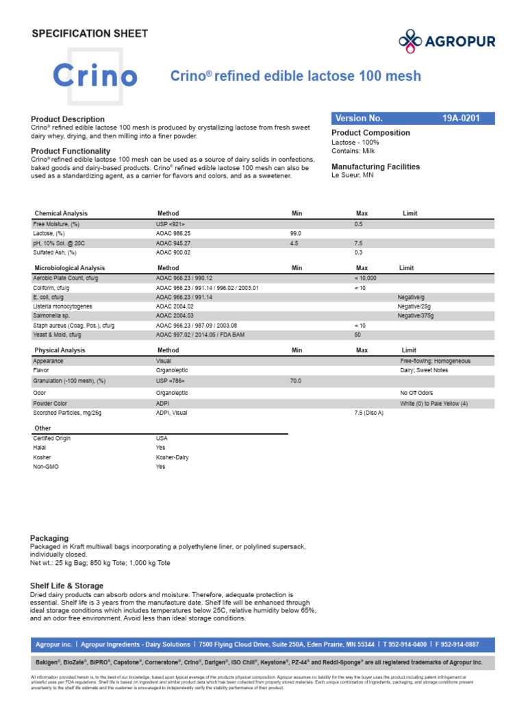 LACTOSE REL 100 CRINO v. 19A-0201 LS | PDF | Shelf Life | Dairy