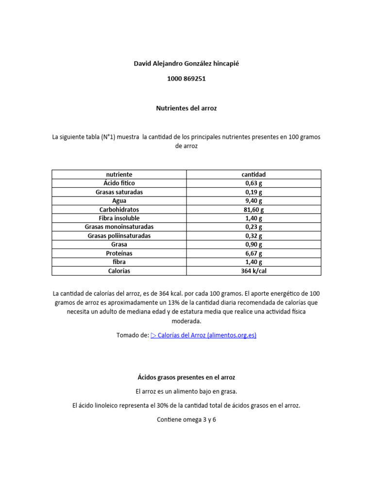 Nutrientes Presentes en El Arroz | PDF | Nutrientes | Carbohidratos