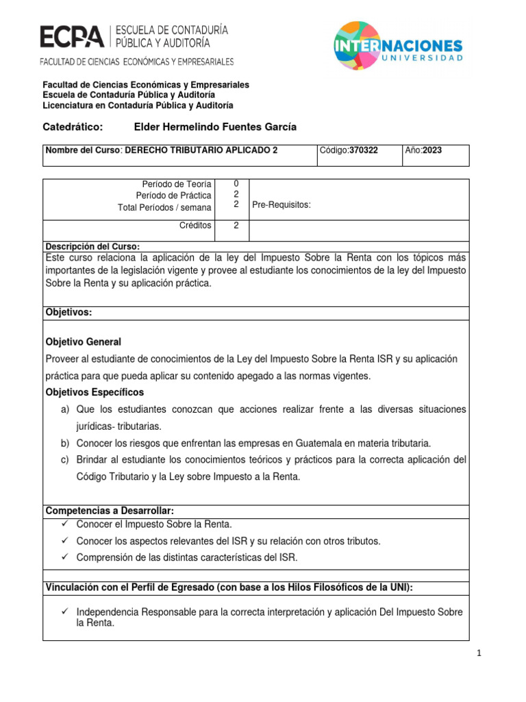 Programa de Derecho Tributario Aplicado 2 Lcpa | PDF | Impuesto sobre la renta | Impuestos