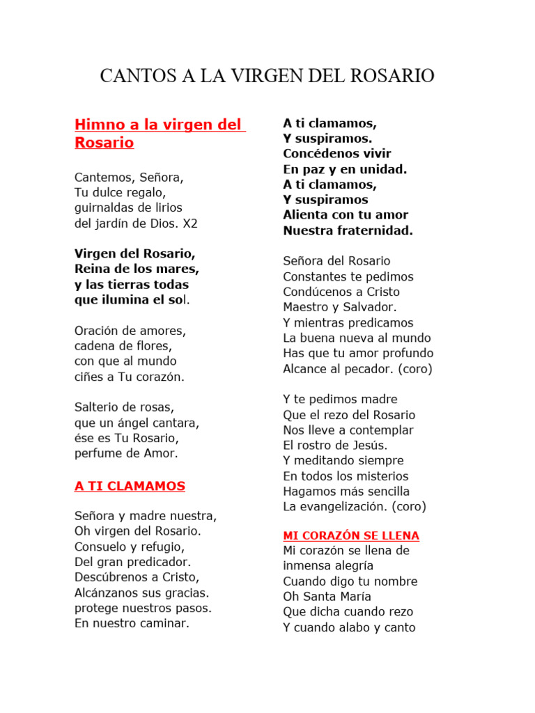 Cantos A La Virgen Del Rosario | PDF | María, madre de Jesús | Oración Cantos A La Virgen Del Rosario | PDF | María, madre de Jesús | Oración