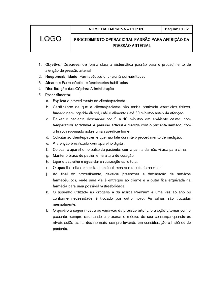 modelo POP - Afericao de pressao arterial DROGARIA | PDF | Hipertensão ...