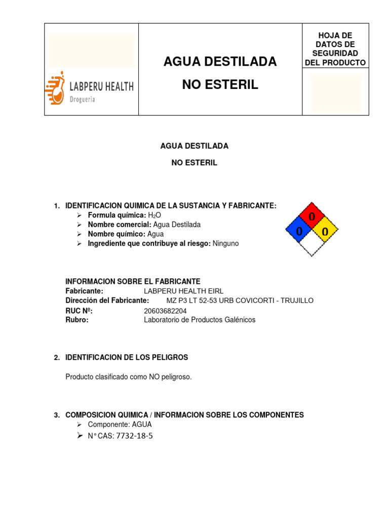 Agua Destilada Msds Labperu | PDF | Agua | Destilación