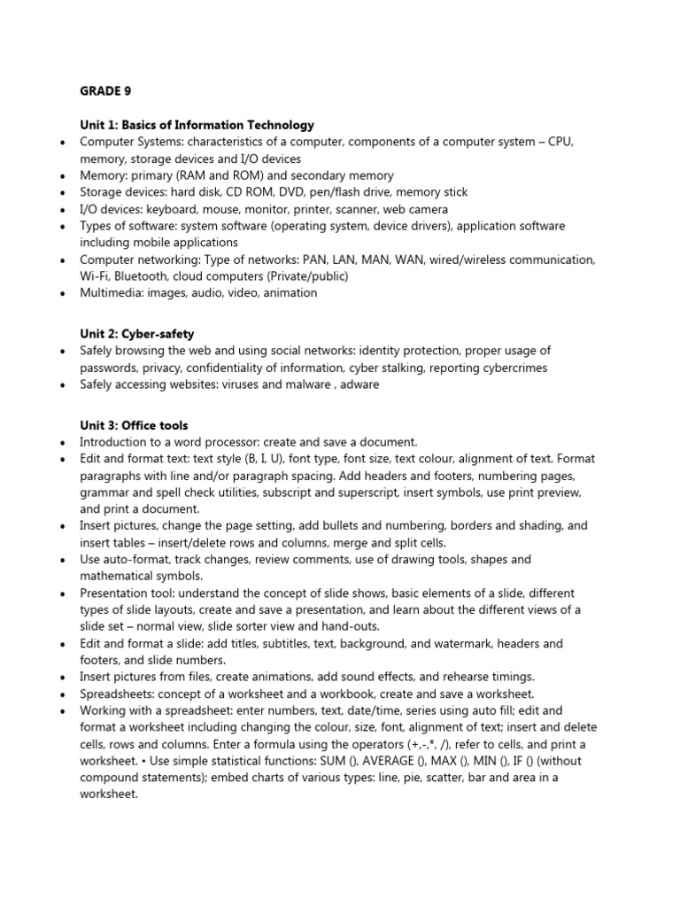 GRADE 9 Syllabus | PDF | Computer Data Storage | Computer Network