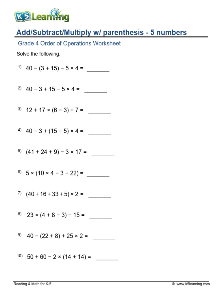 Grade 4 Add Subtract Multiply Parenthesis Five Numbers D | PDF