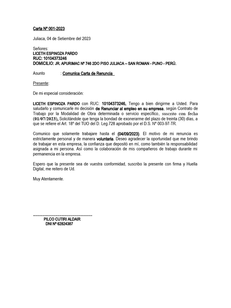 Carta de Renuncia Aldair | PDF