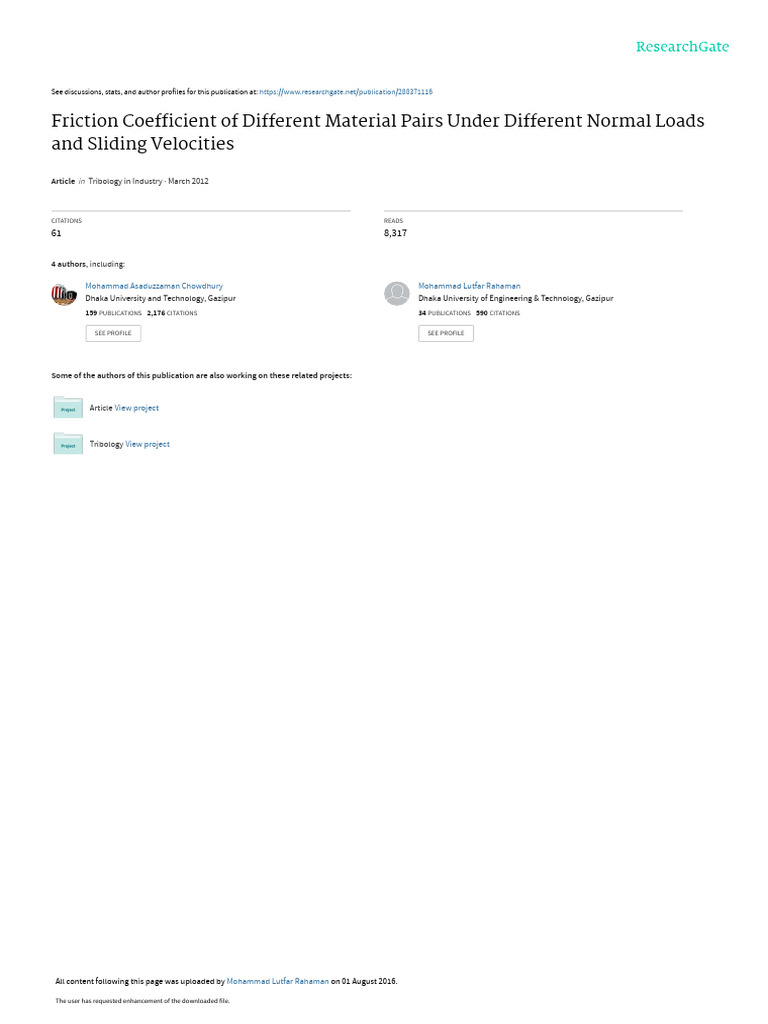 Friction Coefficient Analysis | PDF | Friction | Wear