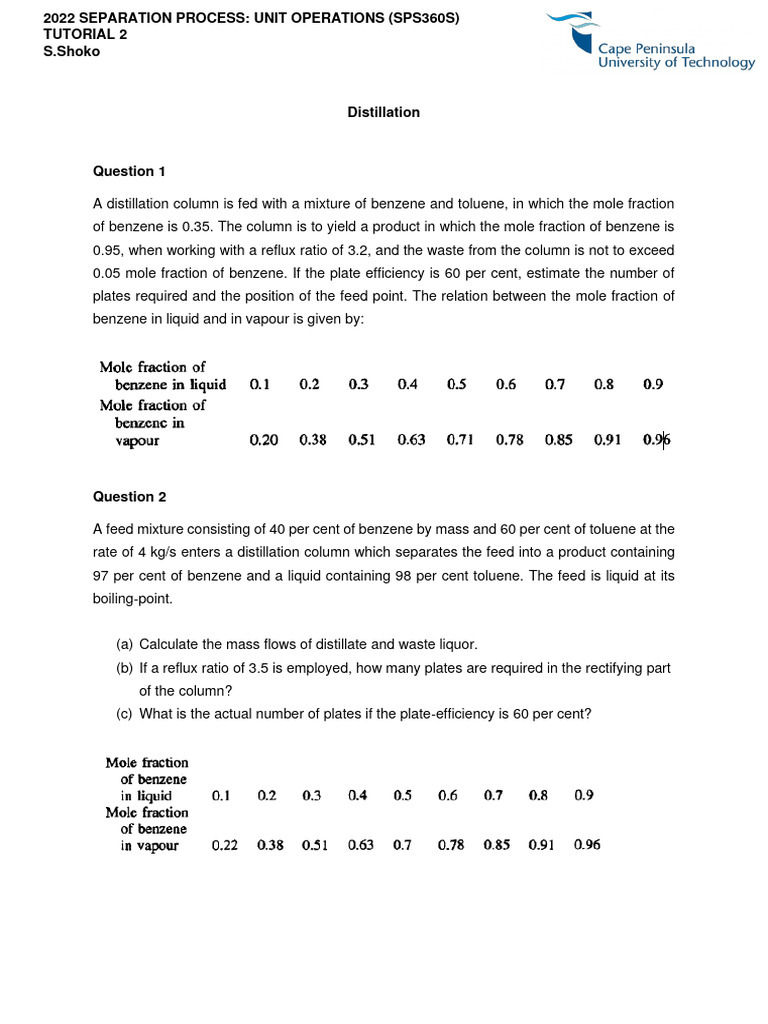 Distillation Calculations for Benzene-Toluene | PDF | Distillation ...