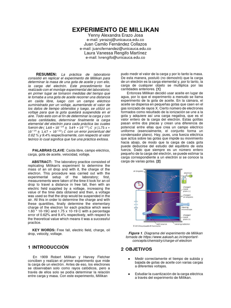 Experimento de Millikan | PDF | Electrón | Carga eléctrica