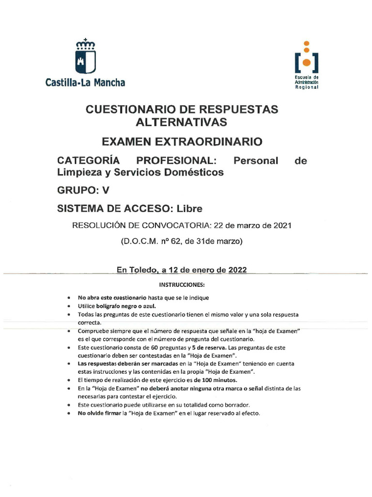 2020 Cuestionario y Plantilla Correctora Prueba Extraordinaria Plsd | PDF