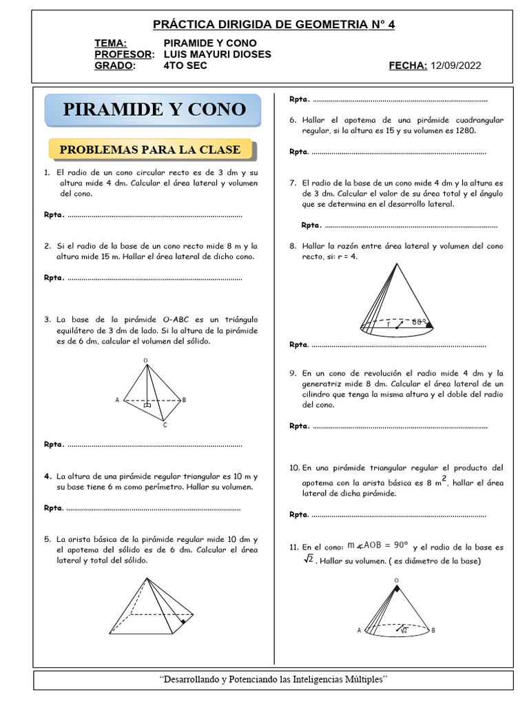 Tema 4 - Piramide y Cono - Geometria - 3ro y 4to Sec para Imprimir | PDF | Geometría del plano ...