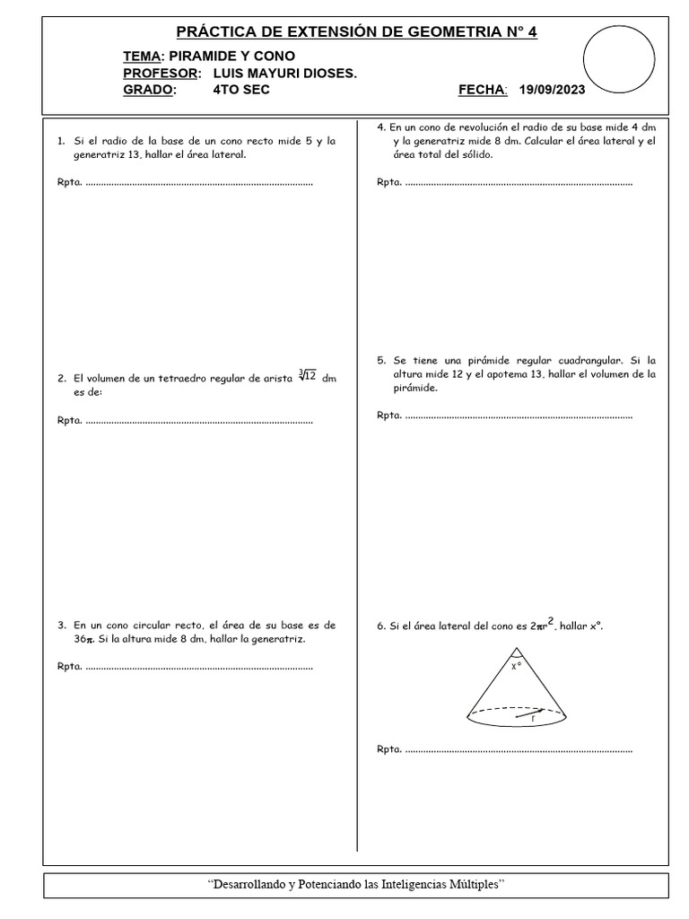 Practica Extensión 5 - Piramide y Cono - Geometria - 4to Sec | Descargar gratis PDF | Formas ...