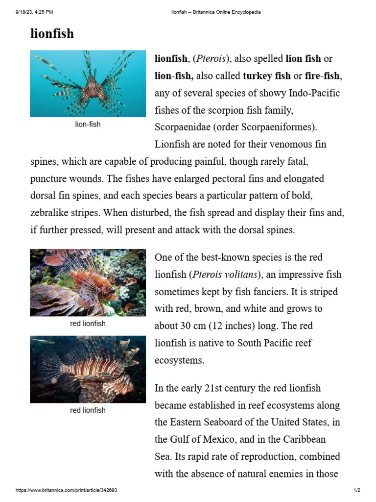 Lionfish - Britannica Online Encyclopedia | PDF | Aquatic Animals | Fish