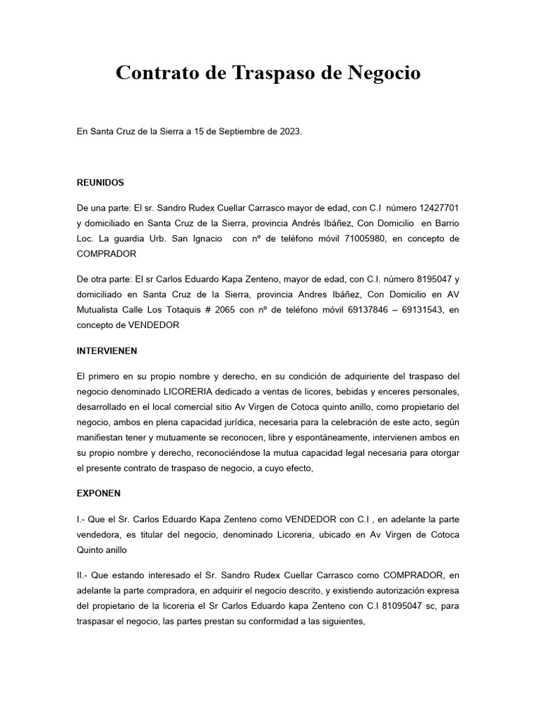 Contrato de Traspaso de Negocio | PDF