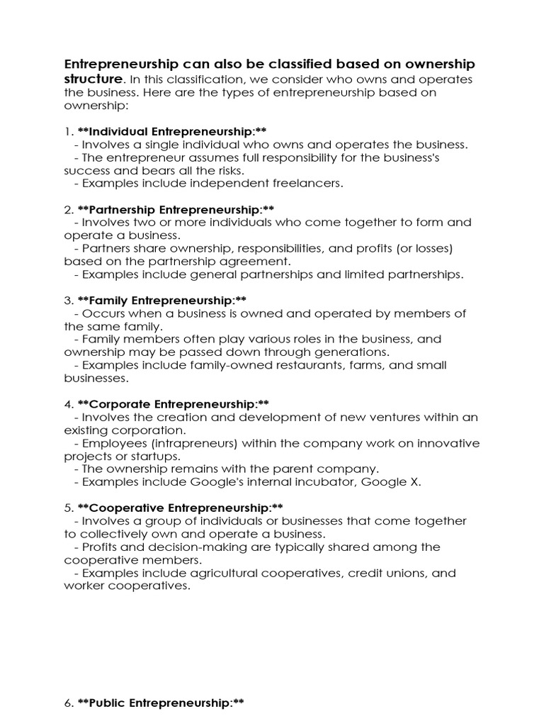 Entrepreneurship Can Also Be Classified Based On Ownership Structure ...