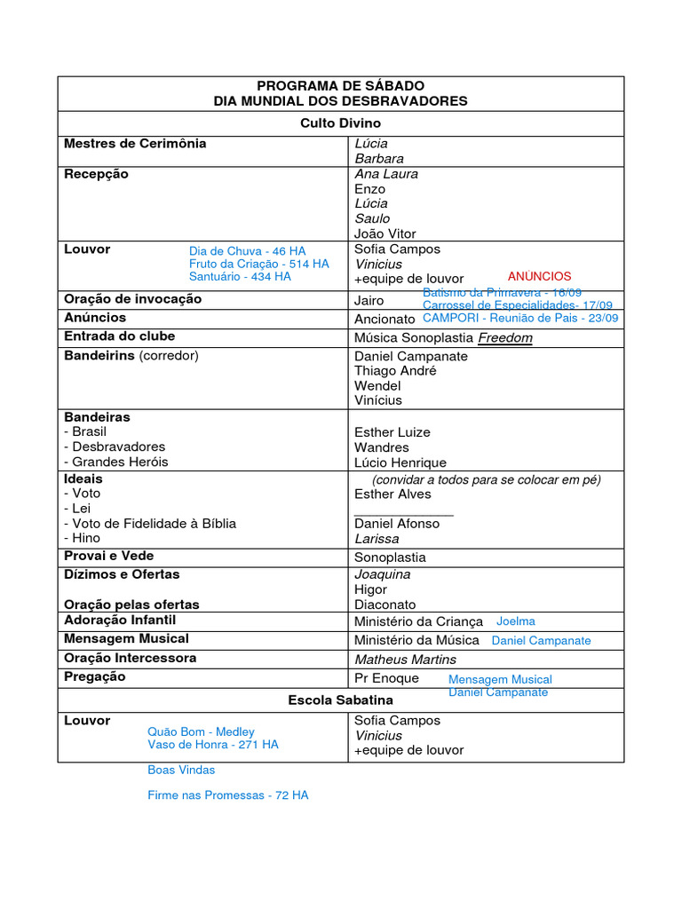 Programa de Sábado - Culto Divino | PDF