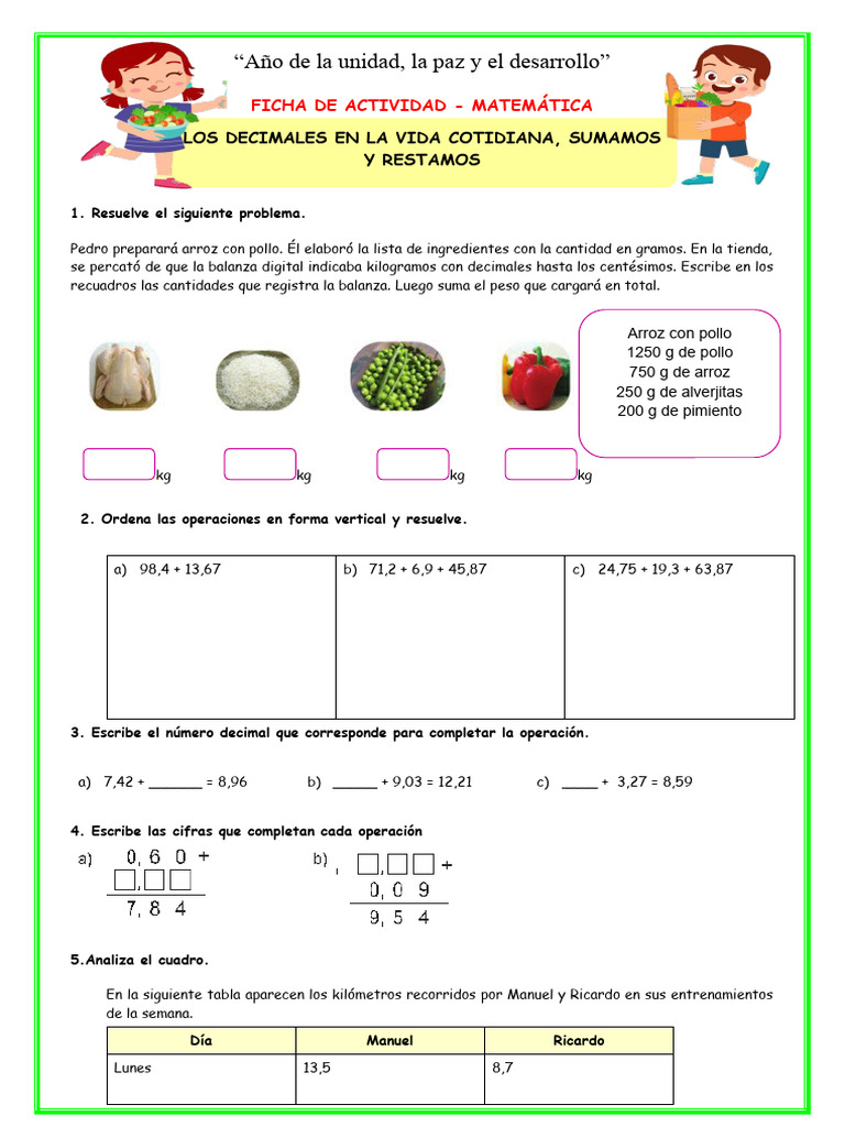 Ficha-Viern - Mat-Los Decimales en La Vida Cotidiana, Sumamos y Restamos | PDF