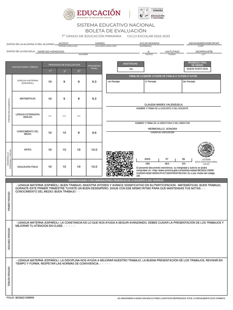 Boleta de Evaluación Primaria 2023 | PDF