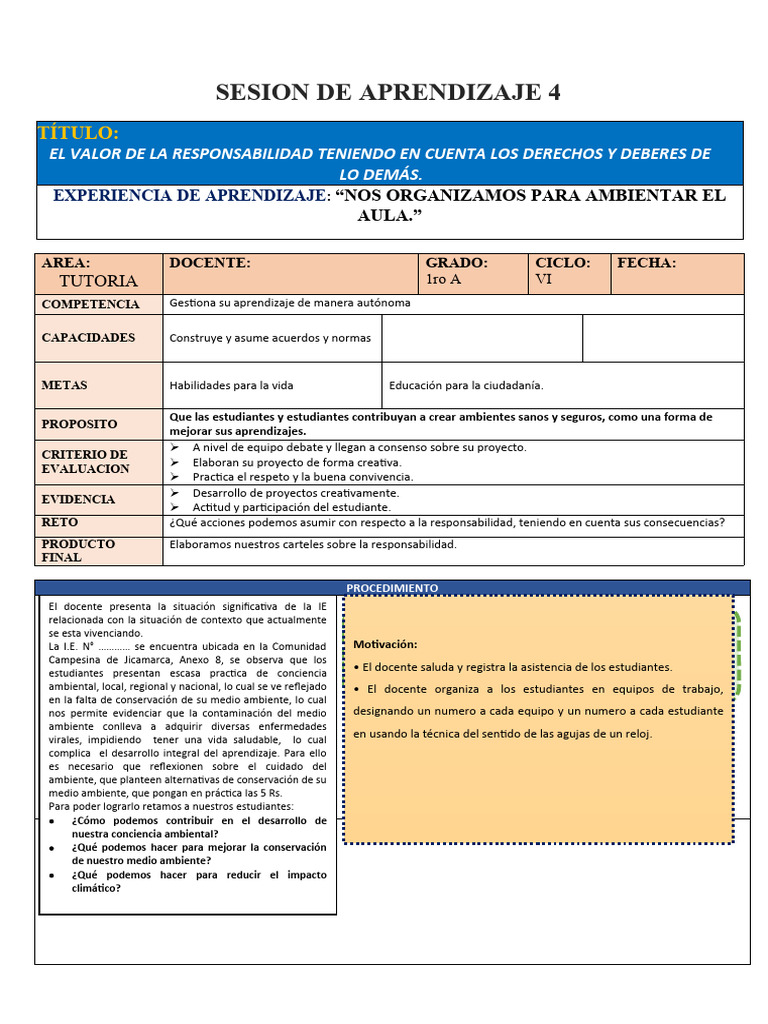 Sesion 4 - Nos Organizamos para Ambientar El Aula | PDF | Aprendizaje | Evaluación