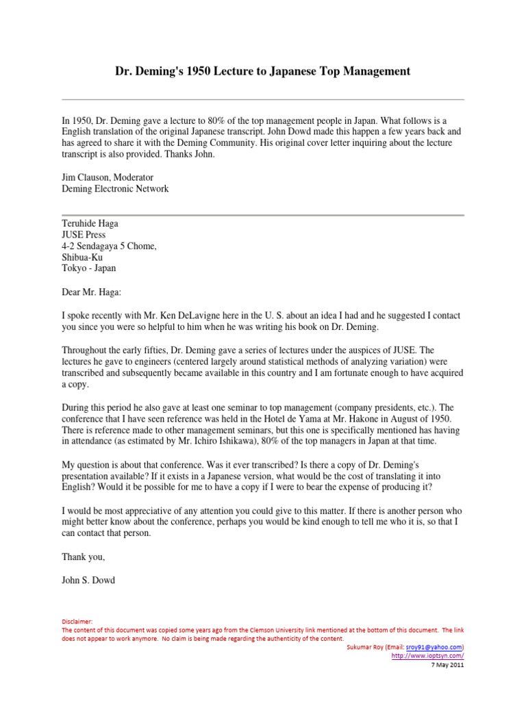 DR Deming's 1950 Lecture To Japanese Top Management | PDF | Market (Economics) | Statistics