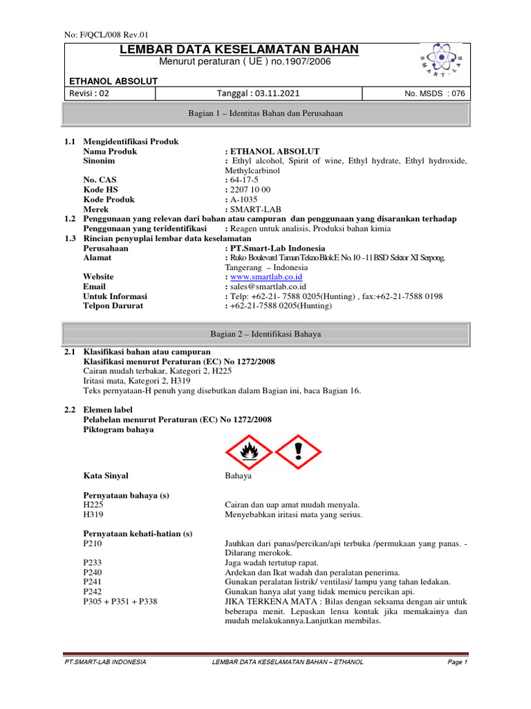 MSDS - ETHANOL - Bahasa Indonesia | PDF