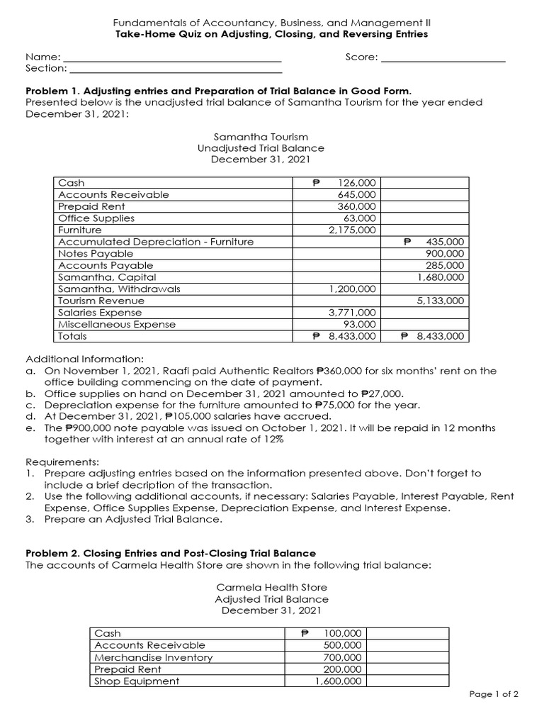 Third Quiz For FABM2 (On Adjusting, Closing, and Reversing Entries ...