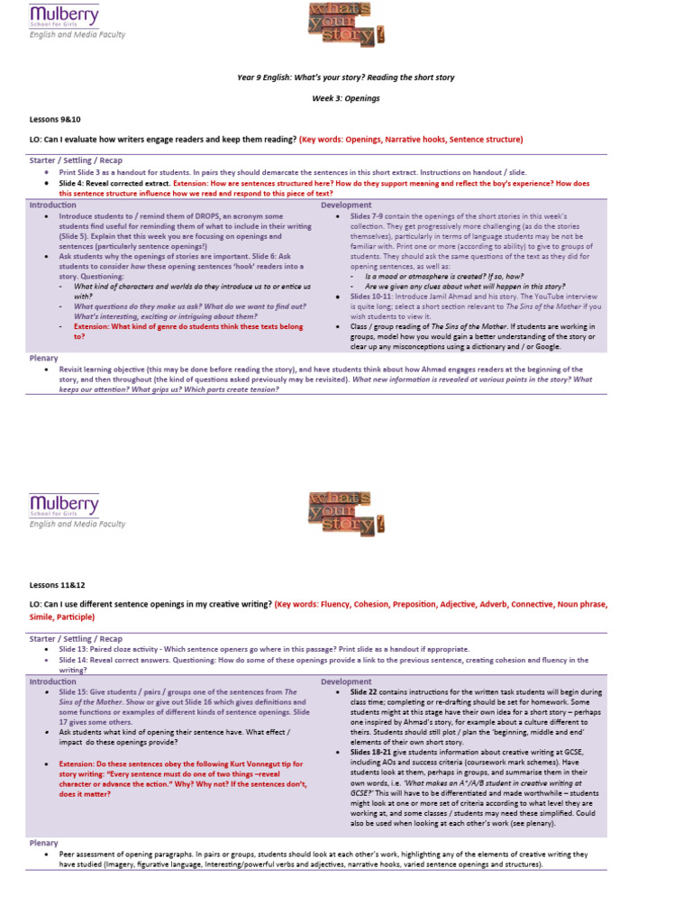 What's Your Story SoW - Week 3 | PDF | English Language | Adverb