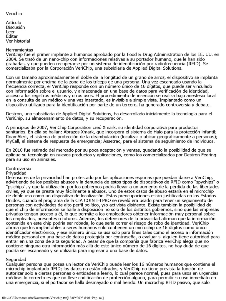 Verichip | PDF | Ciencias de la Información | Privacidad