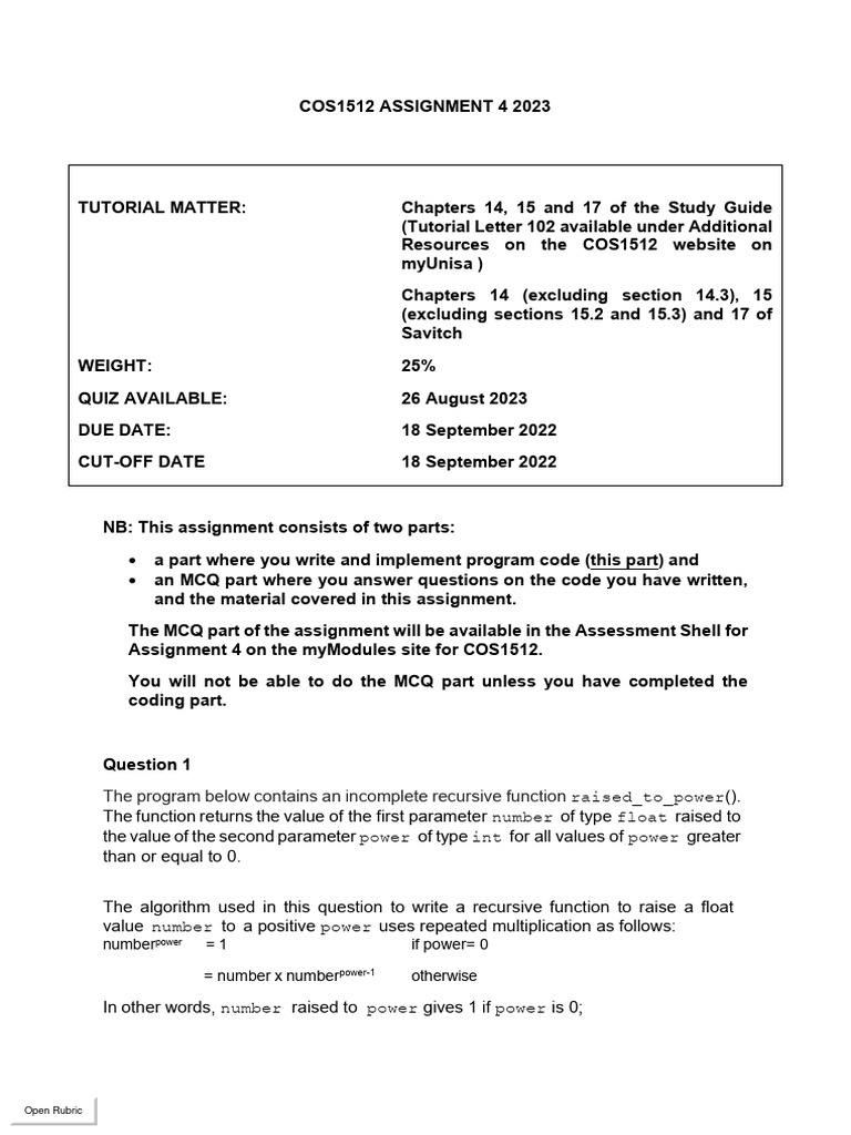 Cos1512 Assignment 4 2023 | PDF | Inheritance (Object Oriented Programming) | Class (Computer ...