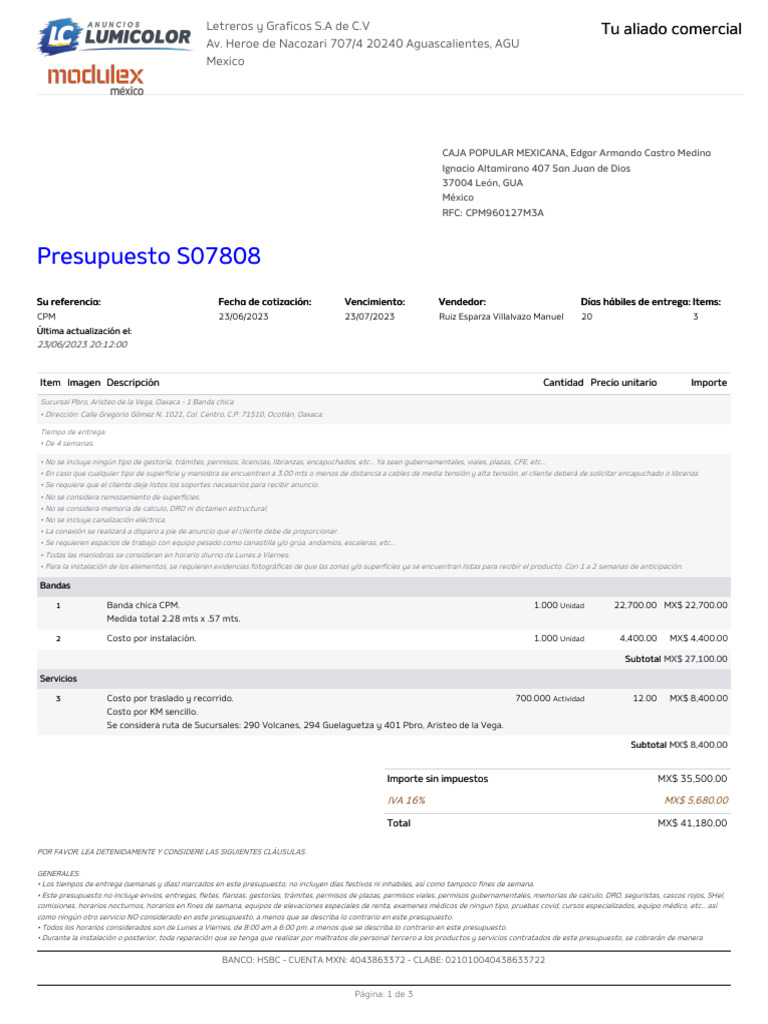 Cotizaciขn - S07808 Suc - Pbro. Aristeo | PDF | Presupuesto