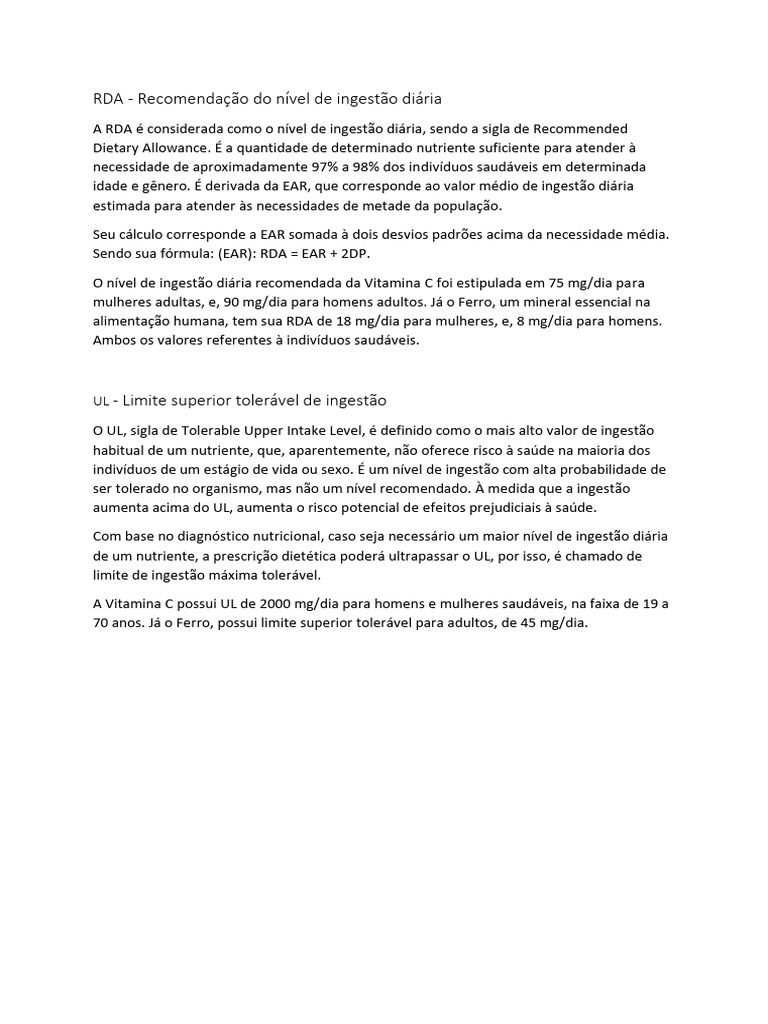 RDA e UL | PDF | Nutrientes | Nutrição
