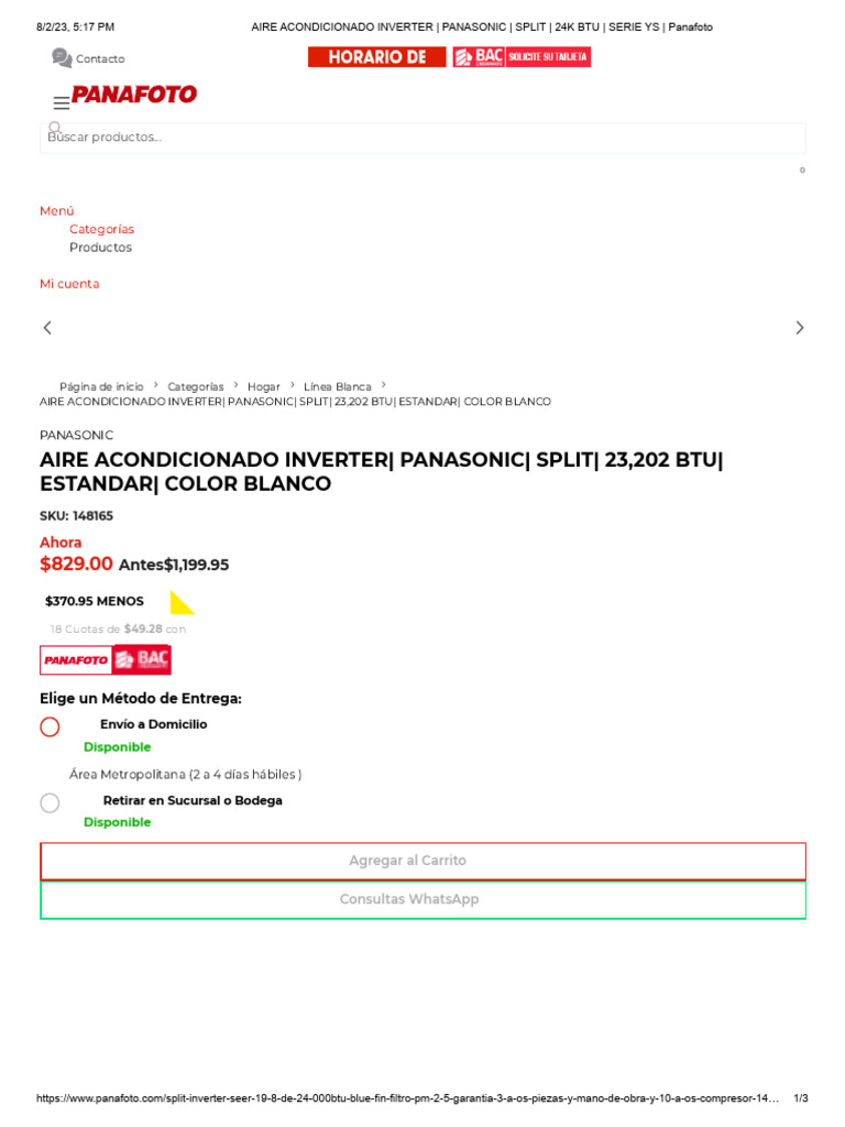 AIRE ACONDICIONADO INVERTER - PANASONIC - SPLIT - 24K BTU - SERIE YS ...