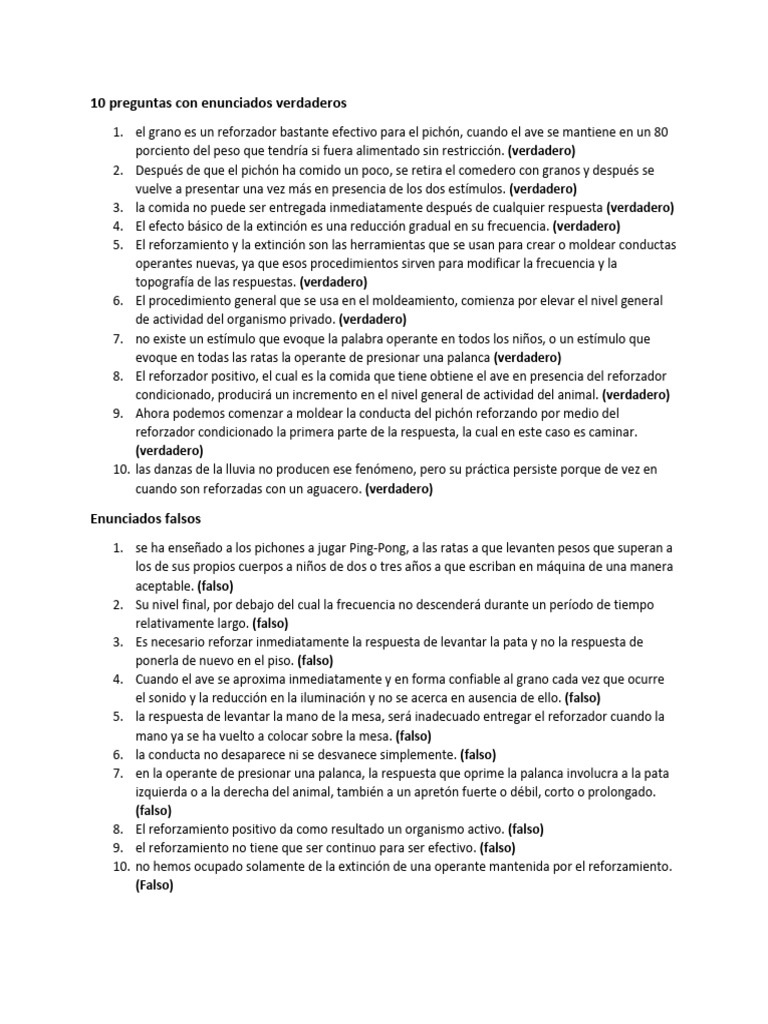 10 Preguntas Con Enunciados Verdaderos | PDF | Reforzamiento