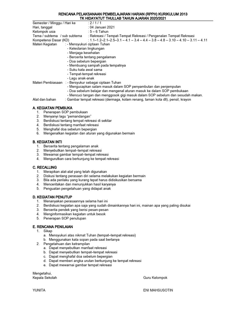 RPPH TK: Rekreasi dan Pembelajaran | PDF | Karier & Perkembangan