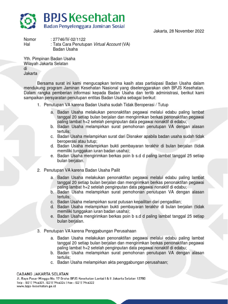 Tata Cara Penutupan Virtual Account (VA) Badan Usaha | PDF