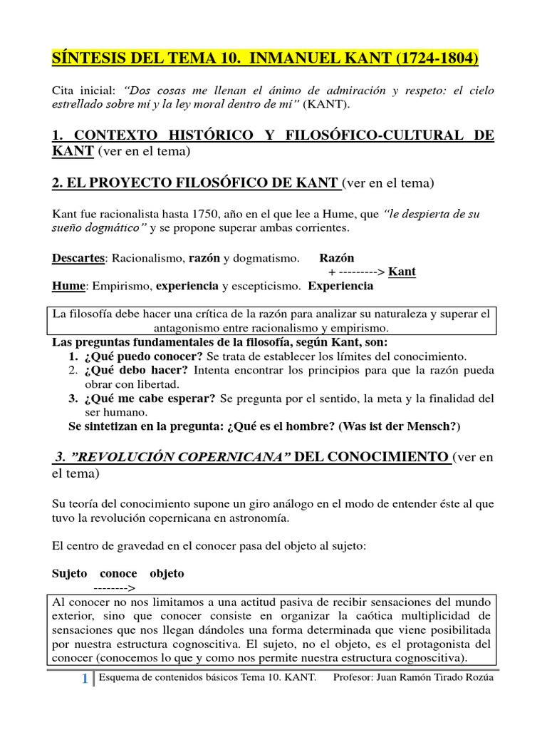 TEMA 10. KANT (Light) - Un Esquema. | PDF | Metafísica | Immanuel Kant
