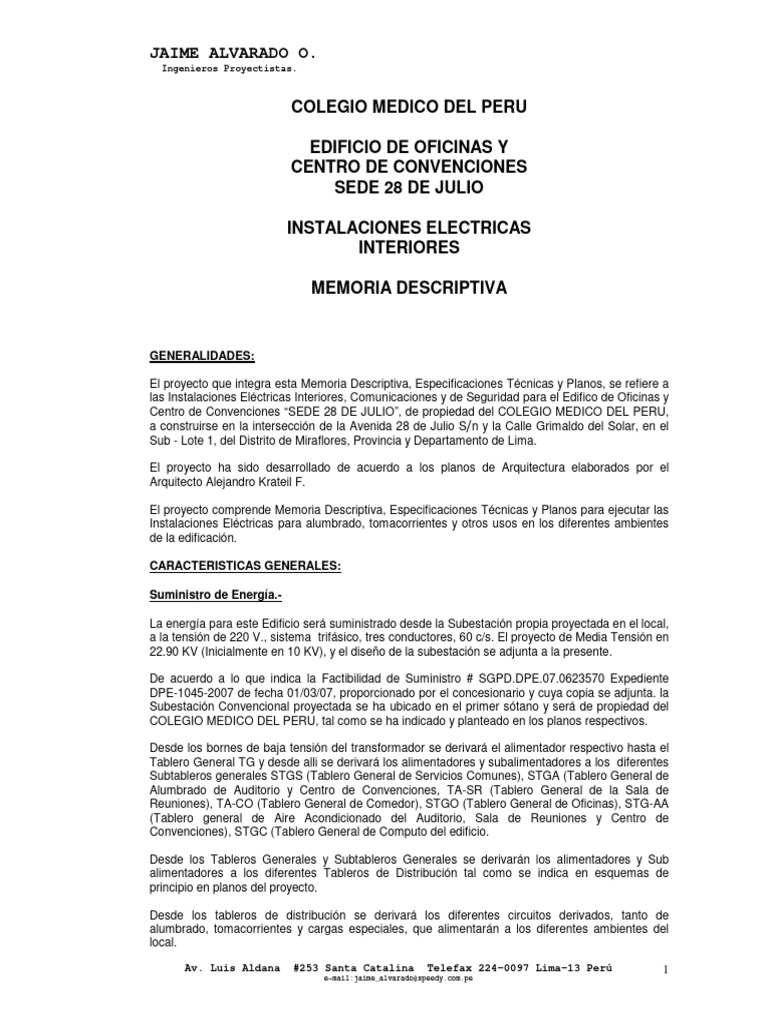 Memoria Descriptiva-Electricas | PDF | Cableado eléctrico | Subestacion electrica