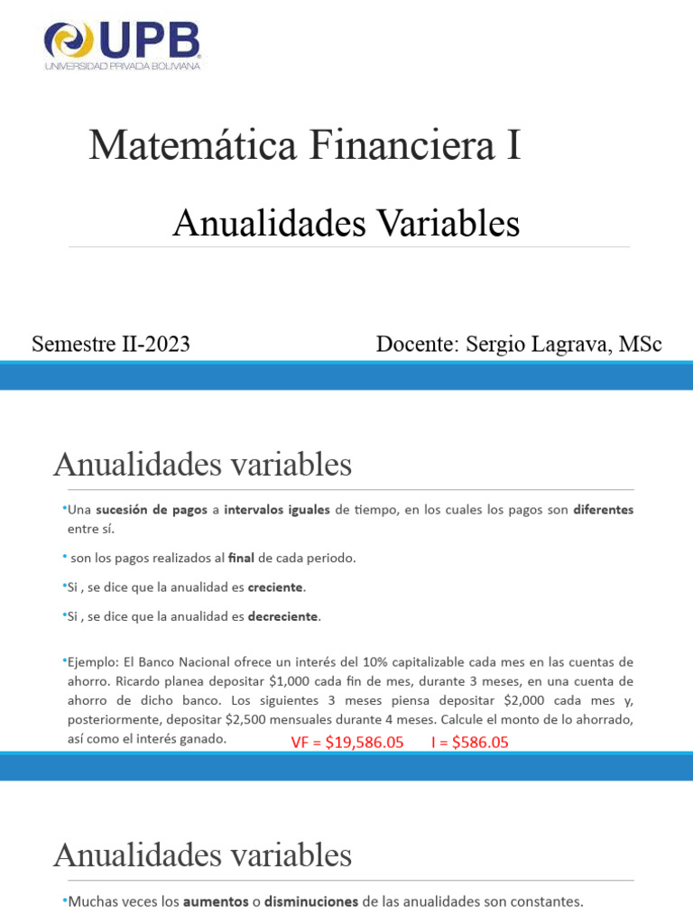 Matemática Financiera II - Anualidades Variables - Gradiente Aritmético ... Matemática Financiera II - Anualidades Variables - Gradiente Aritmético ...