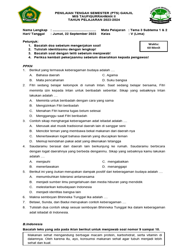 PTS Kelas 5 Tema 3 ST 1&2 | PDF | Perjalanan | Seni
