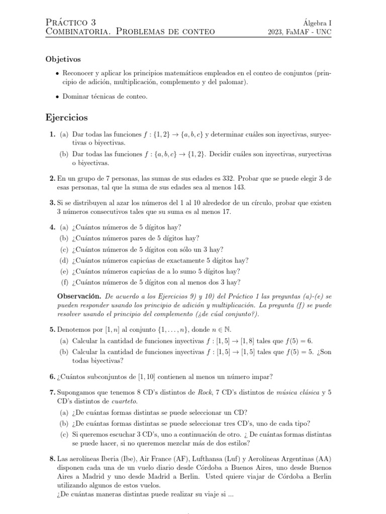Practico 3 Algi 2023 1c | PDF | Combinatoria | Conceptos matemáticos