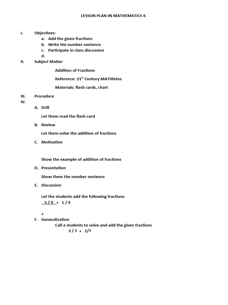 Cot Lesson Plan in Mathematics 6 - Addition of Integers | PDF ...