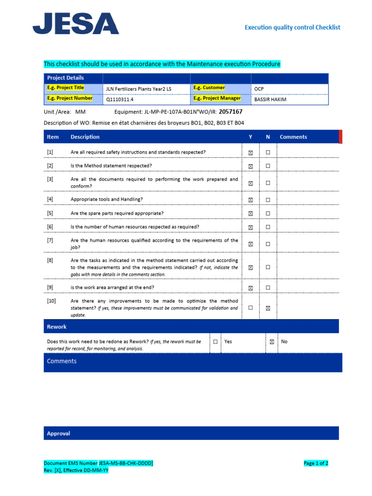JESA EMS Checklist Excecution Quality Remise en État Charnières Des ...