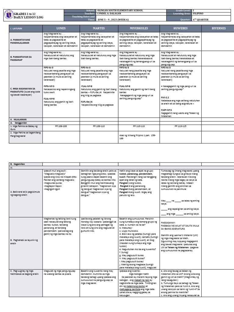 DLL - Filipino 1 - Q4 - W6 | PDF