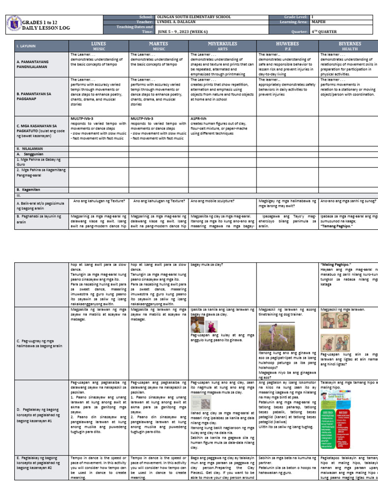 DLL - Mapeh 1 - Q4 - W6 | PDF | Learning | Cognition