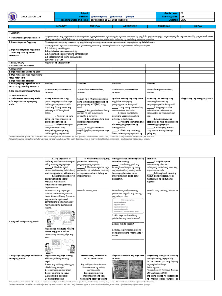 DLL - ESP 4 - Q1 - W4 - Nakapagsusuri NG Katotohanan Edumaymay Lauramos | PDF