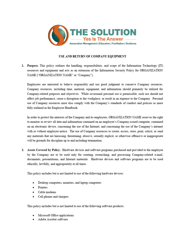 Use and Return of Company Equipment Policy | PDF | Computer Hardware ...