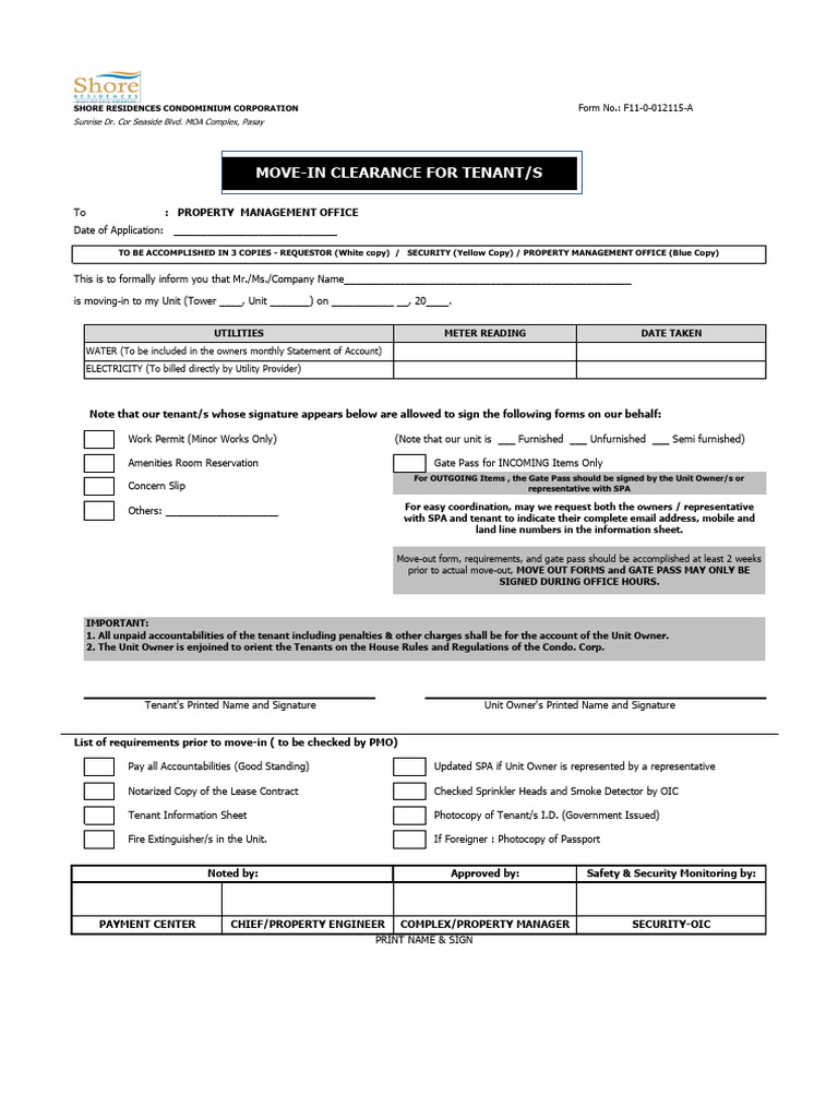 Shore Residences Guest Authorization Form | PDF | Condominium ...