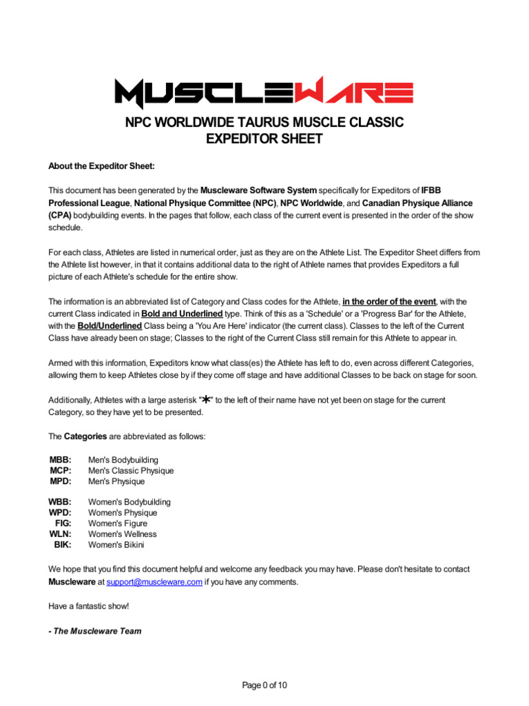 2023 NPC Worldwide Taurus Muscle Classic - Expeditor Sheet | PDF | Weight Training | Physical ...