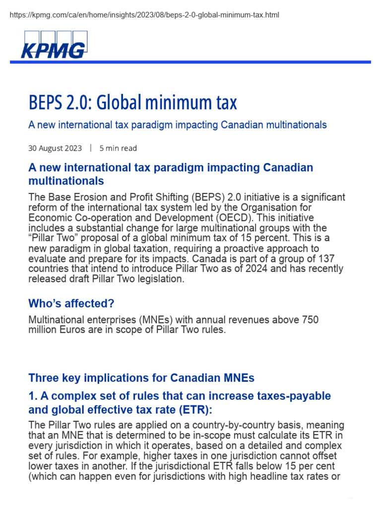BEPS 2.0 - Global Minimum Tax - KPMG Canada | PDF | Taxes | Economies