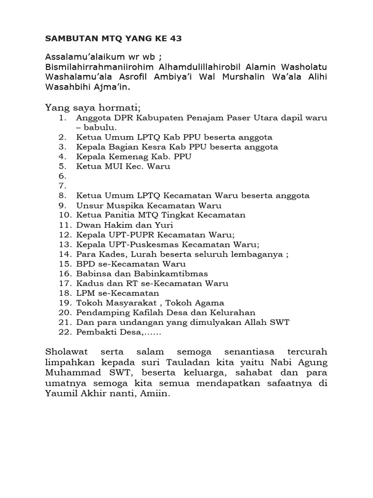 Sambutan Pembukaan MTQ | PDF