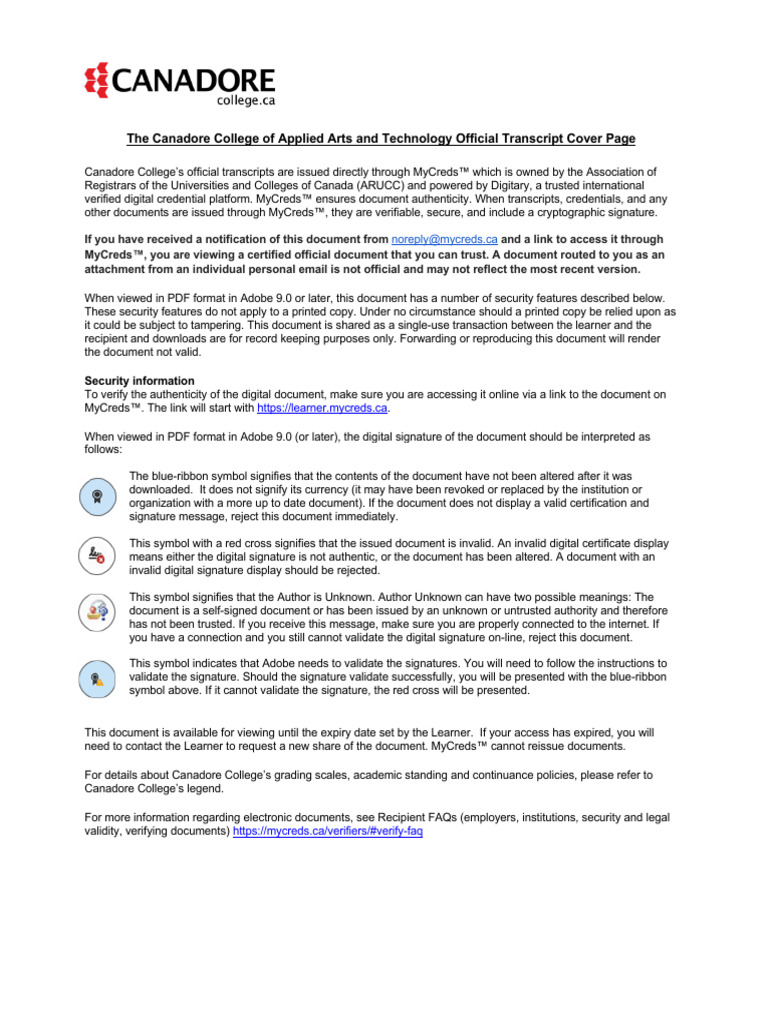 The Canadore College of Applied Arts and Technology Official Transcript ...